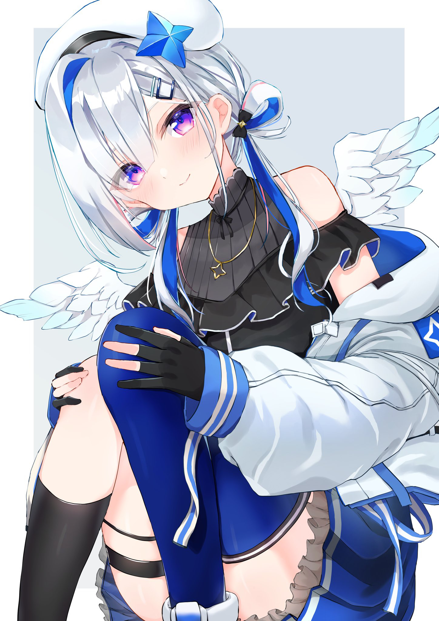 Safebooru - 1girl amane kanata angel wings asymmetrical bangs asymmetrical legwear bangs bare ...