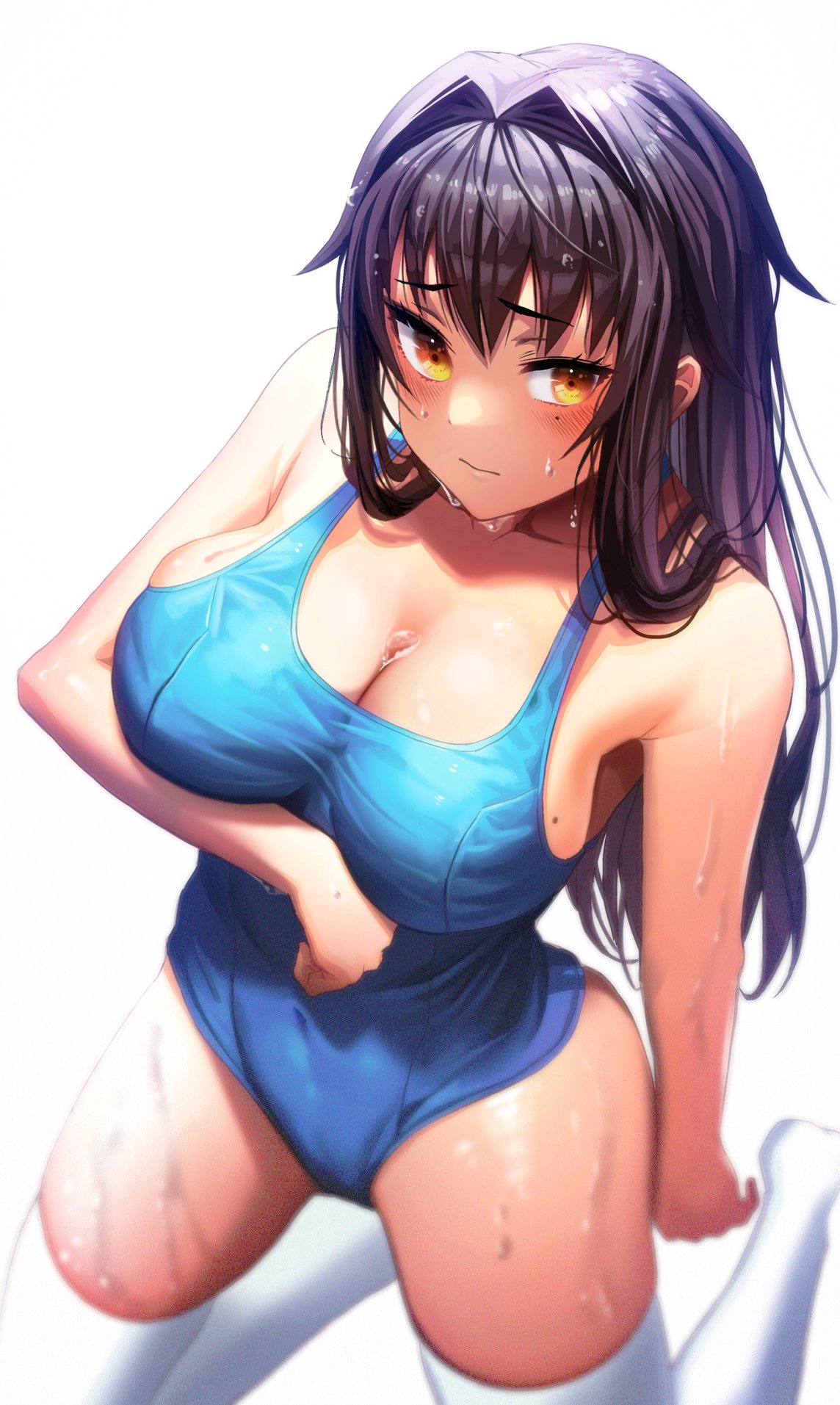 Safebooru - 1girl bangs black hair blue swimsuit blush breasts collarbone eyebrows visible ...