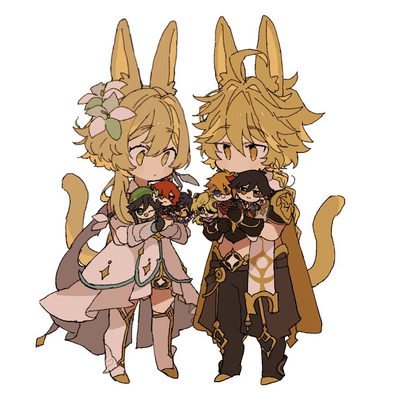 Safebooru - 1boy 1girl aether (genshin impact) ahoge animal ears bangs black gloves blonde hair ...