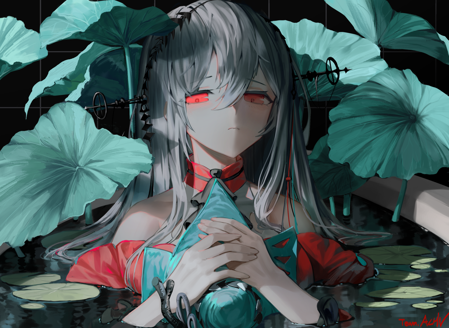 Safebooru - 1girl a0lp aqua headwear arknights artist name bangs bare ...