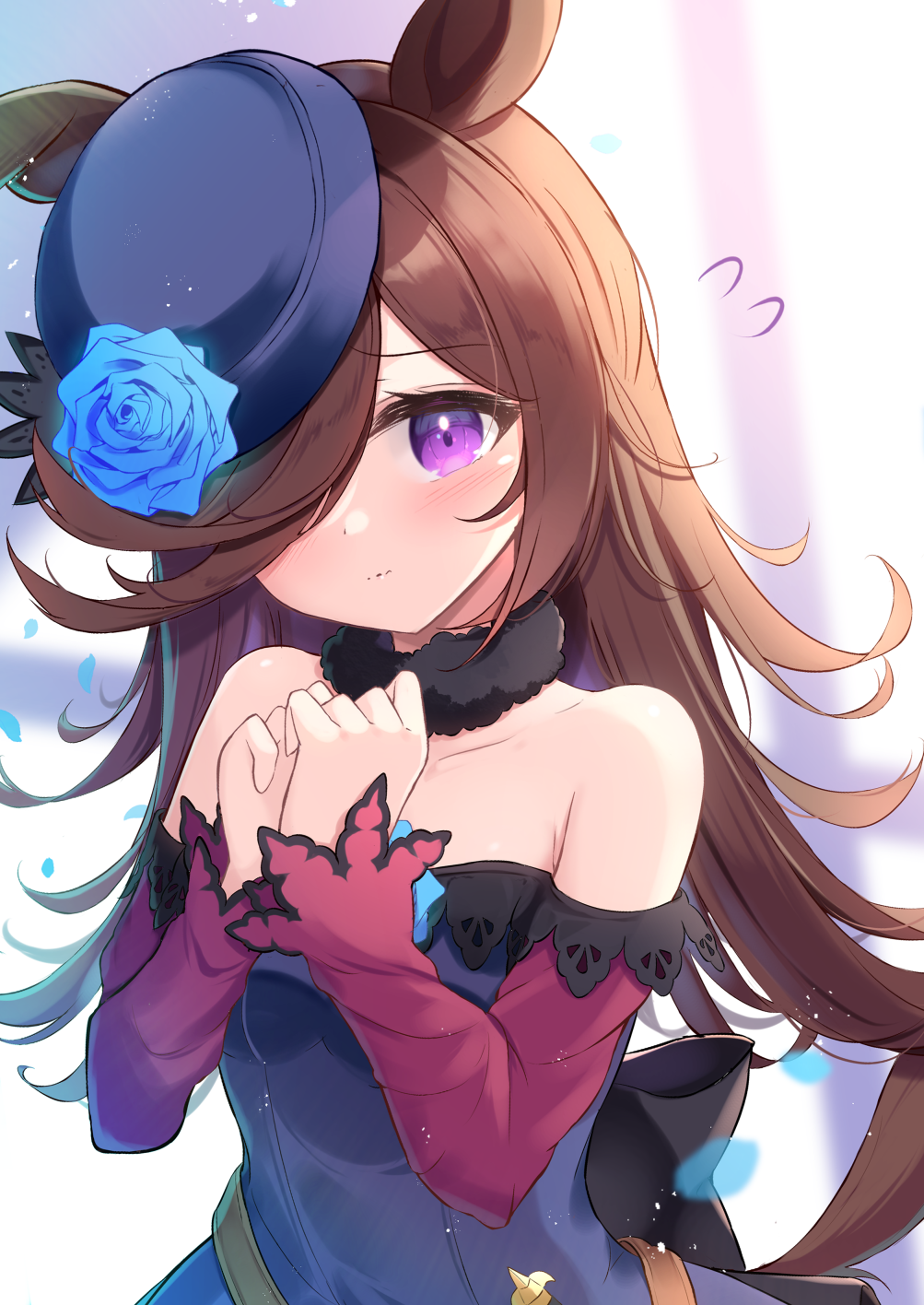 Safebooru - 1girl animal ears bangs bare shoulders blue dress blue flower blue headwear blue ...