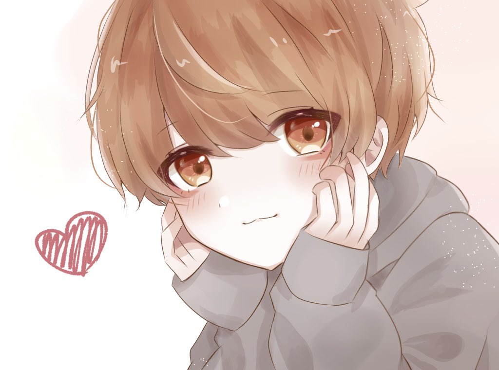 Safebooru - 1boy brown eyes brown hair grey hoodie heart hood hoodie ...