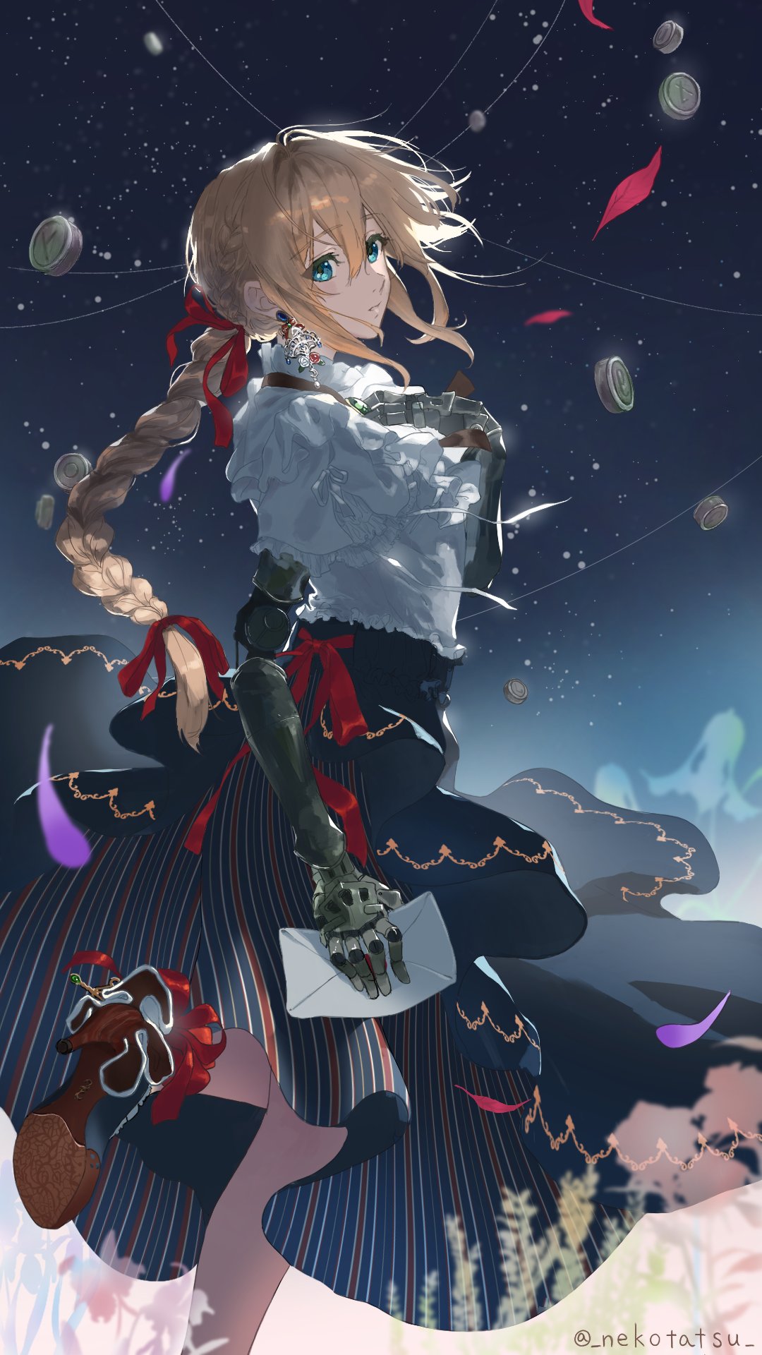 Safebooru - 1girl ascot black ribbon blonde hair blue eyes blue footwear blue skirt braid brooch ...