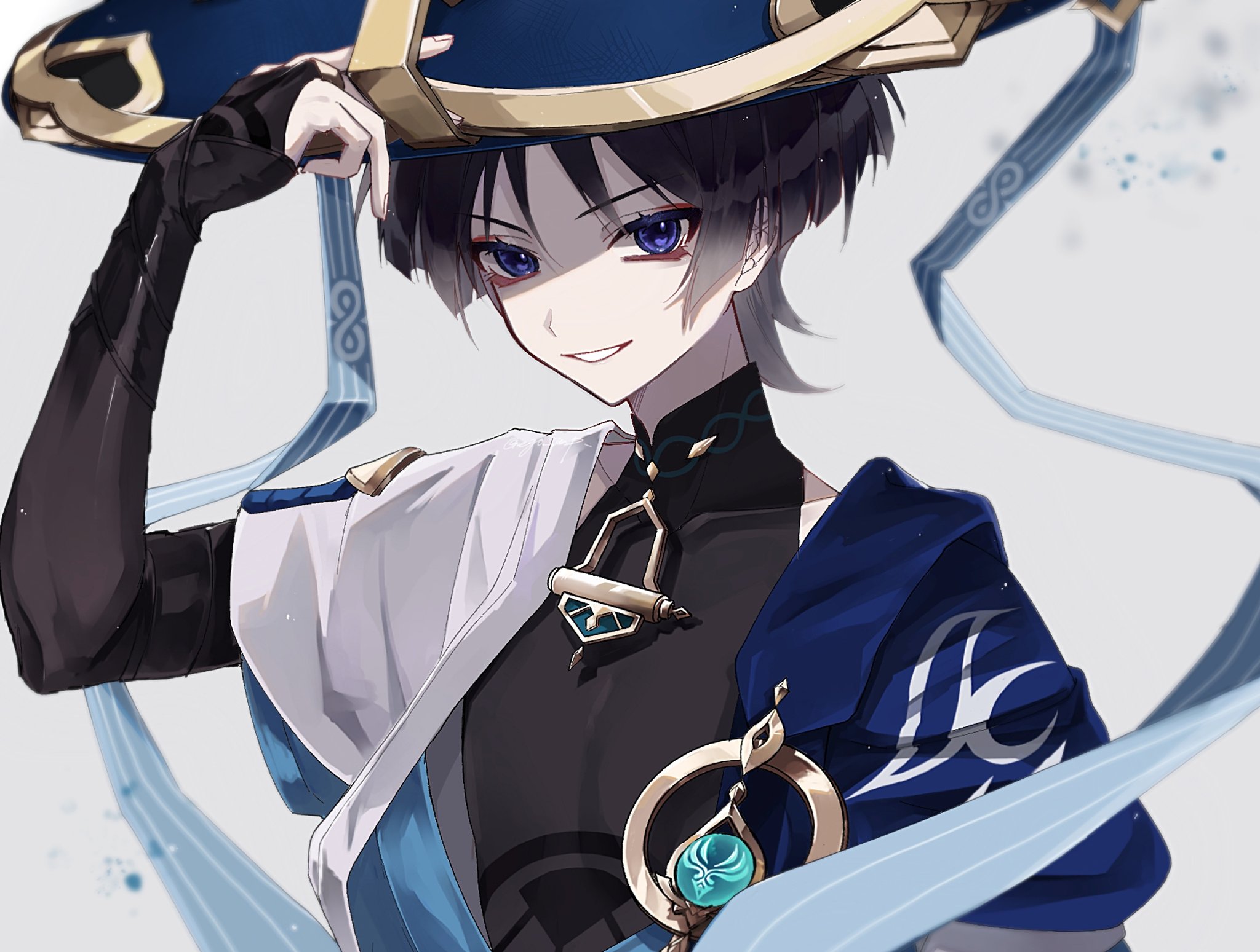 Safebooru - 1boy adjusting clothes adjusting headwear arm up bangs black hair black shirt blue ...