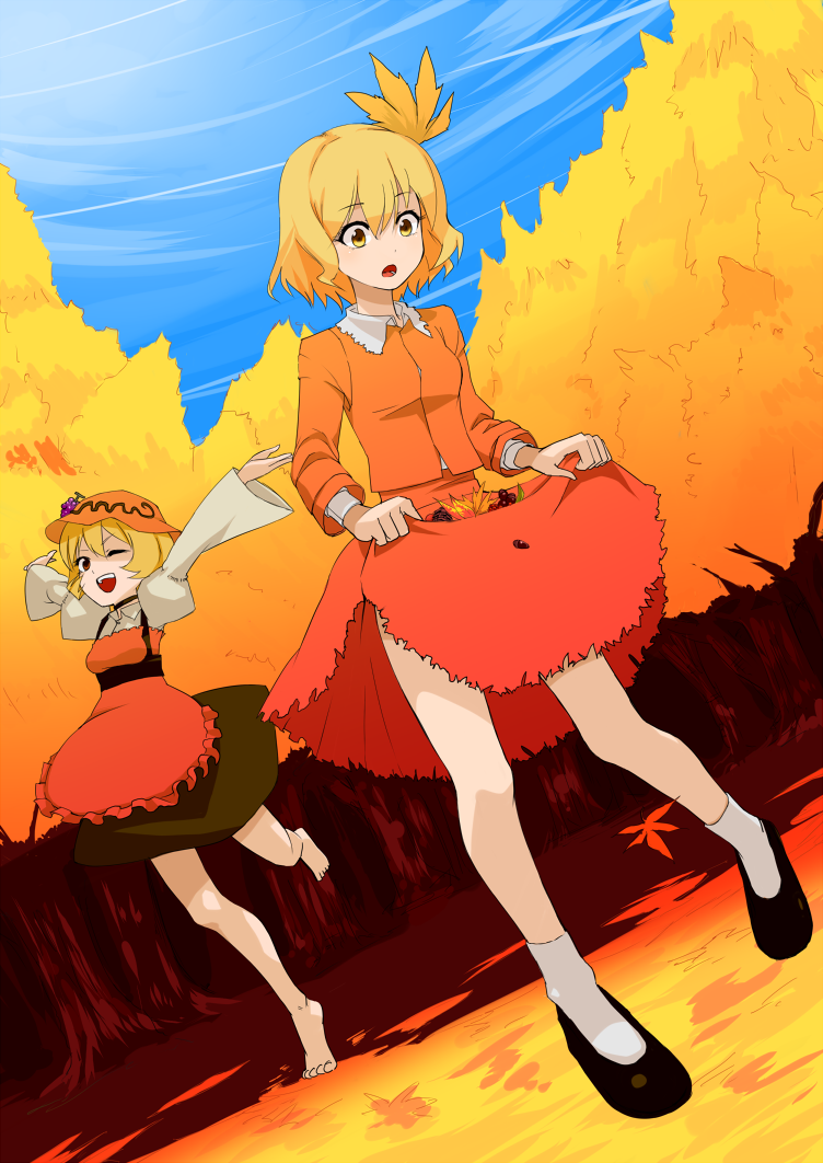 Safebooru - aki minoriko aki shizuha apron autumn barefoot forest hat leaf multiple girls nature ...