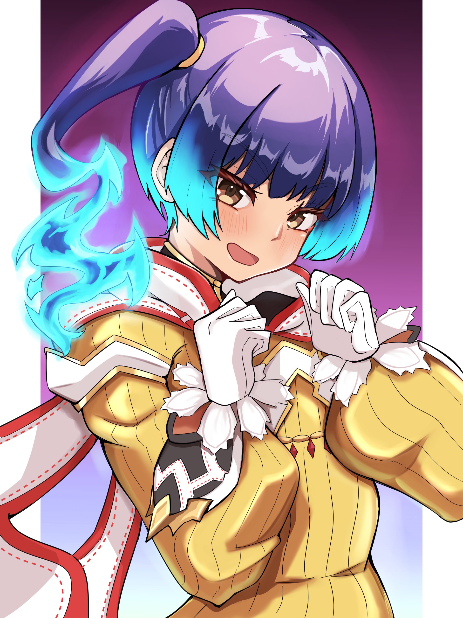 Safebooru - 1girl absurdres blue fire blue hair blush brown eyes commentary request cosplay ...