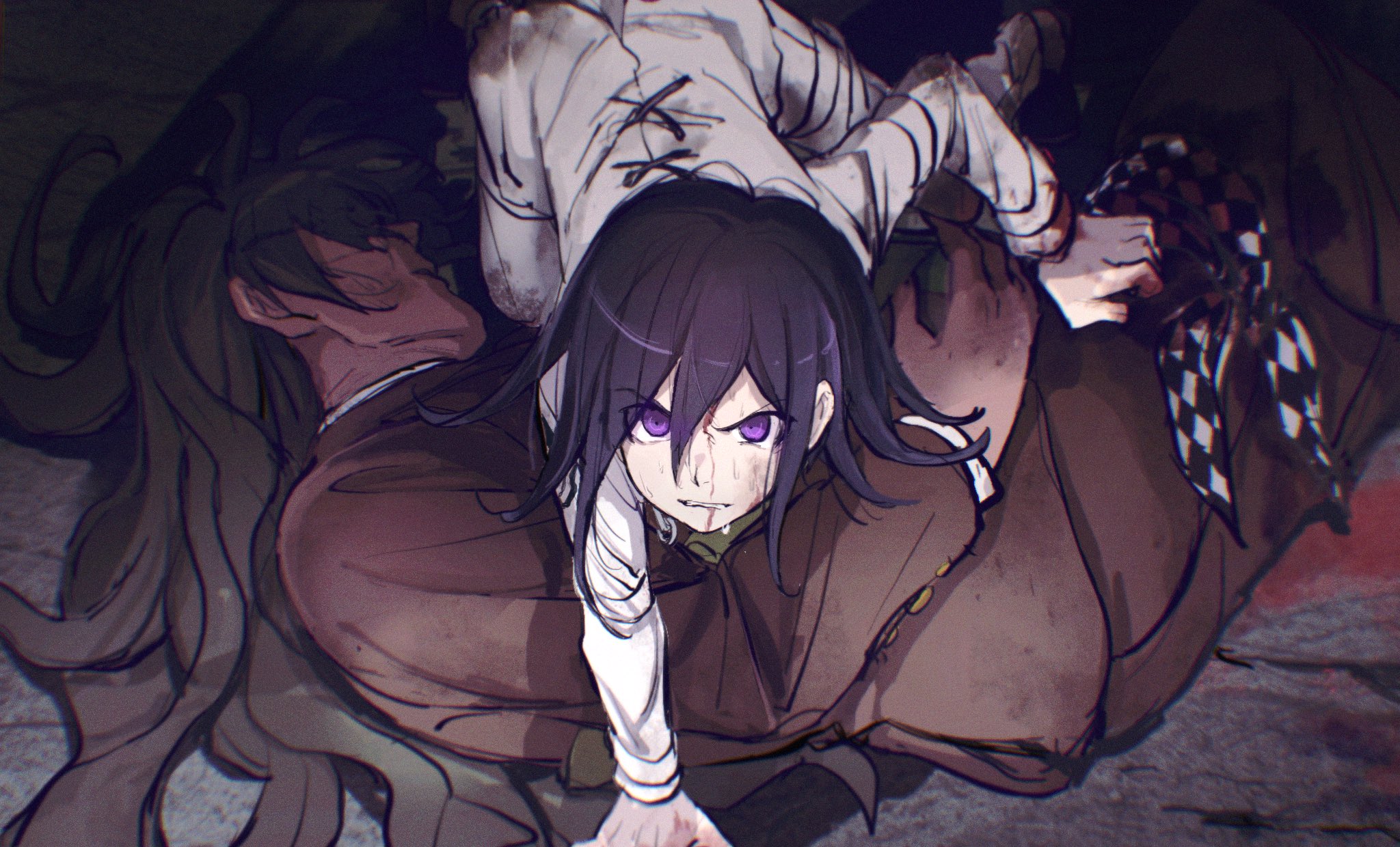 Safebooru - 2boys arm support bangs black hair black scarf blood blood ...