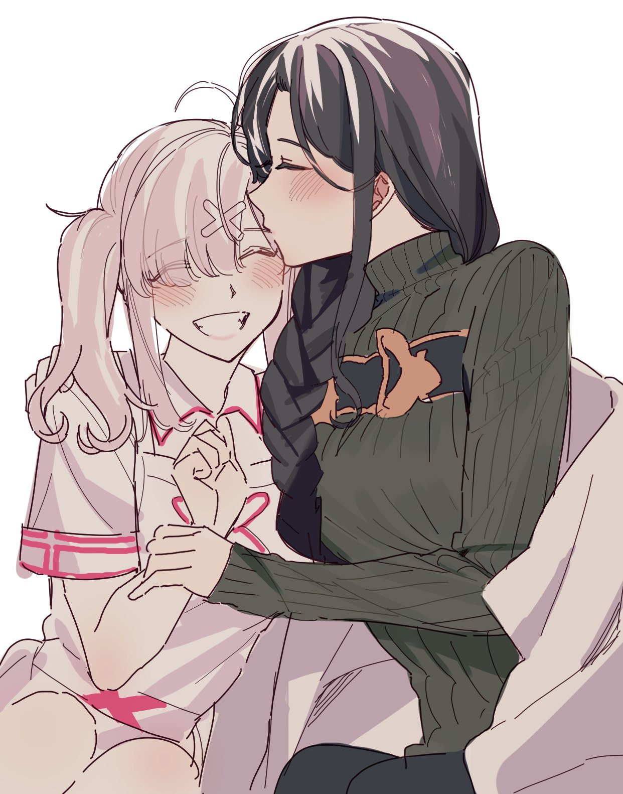 Safebooru - 14 (vision5032) 2girls ahoge black hair blush braid closed eyes collared shirt ...