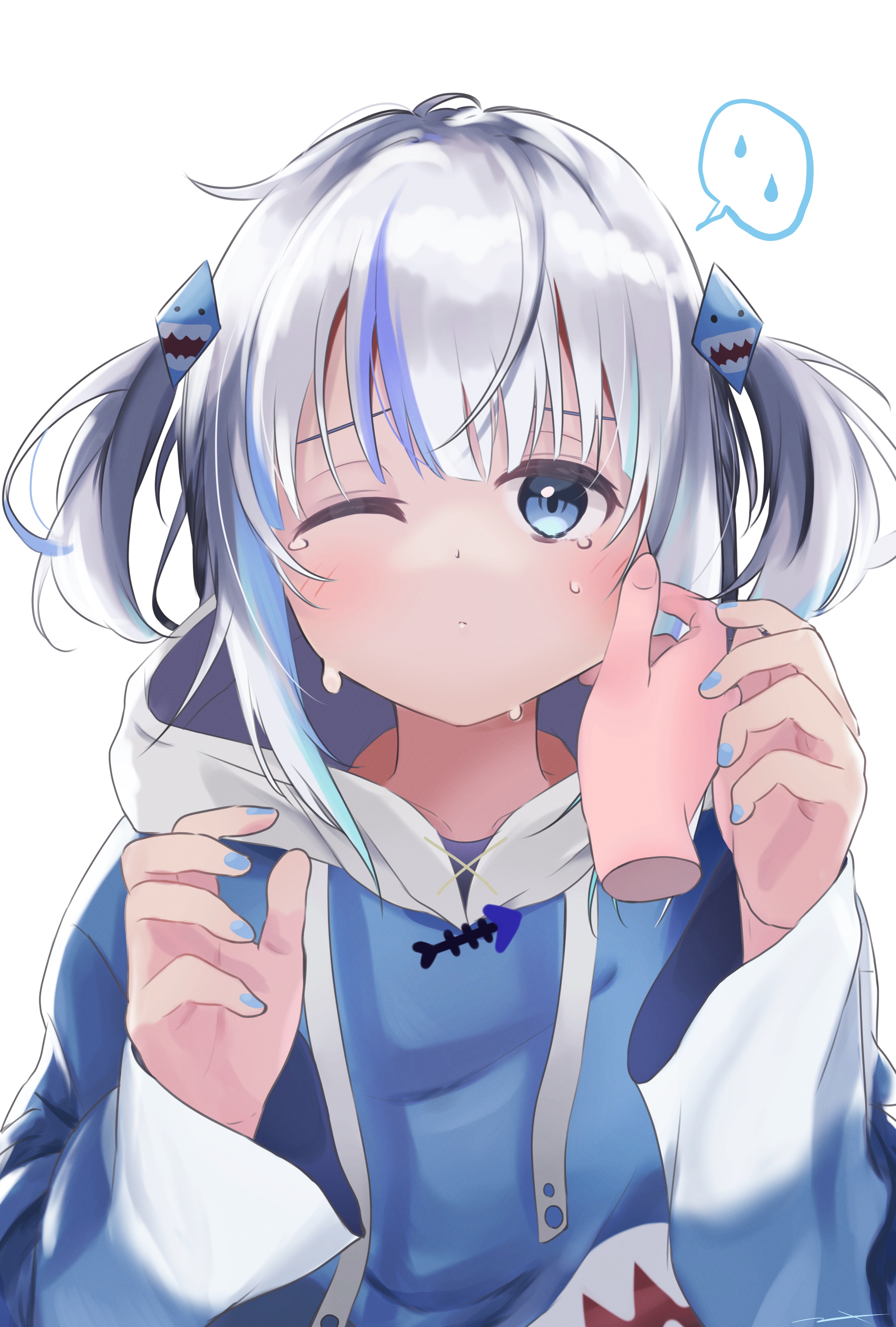 Safebooru - 1girl absurdres animal hood arms up bangs blue eyes blue hair blue hoodie blue nails ...