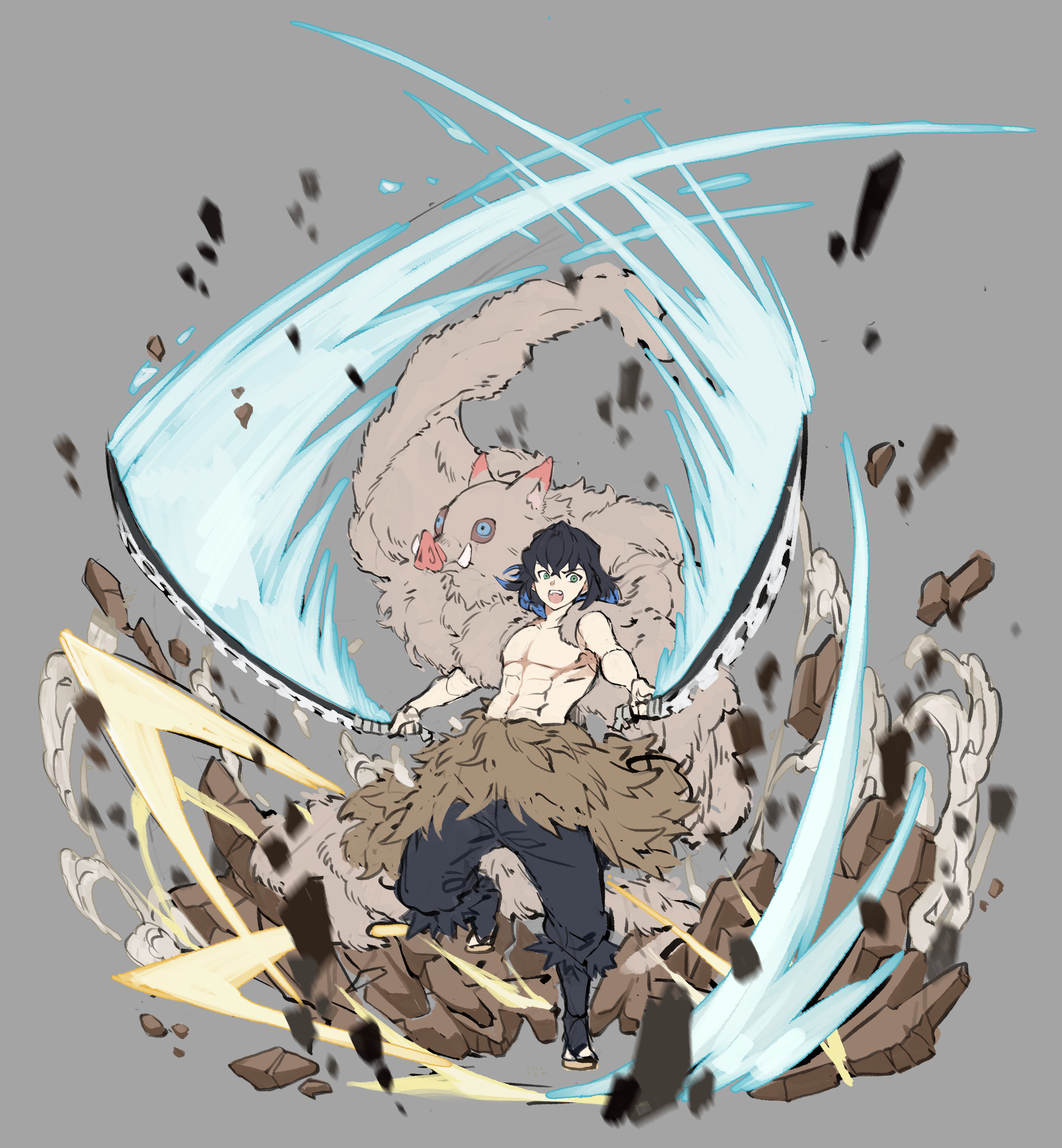 Safebooru - 1boy abs absurdres black hair black pants blue hair boar ...