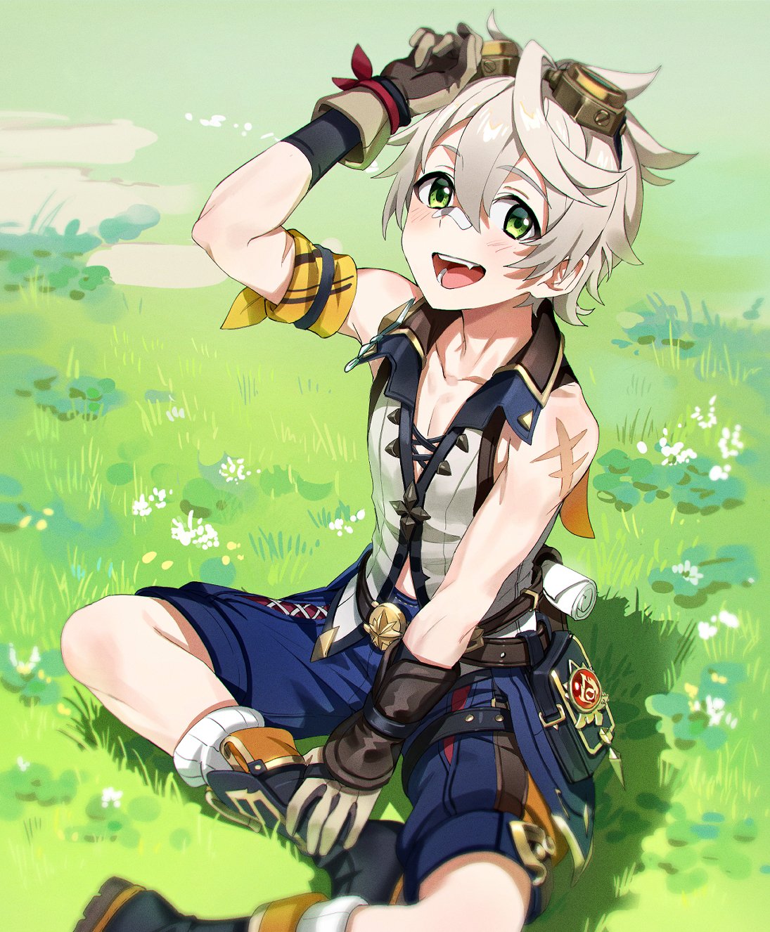 Safebooru - 1boy arm scarf arm up bandaid bandaid on nose bangs bennett ...