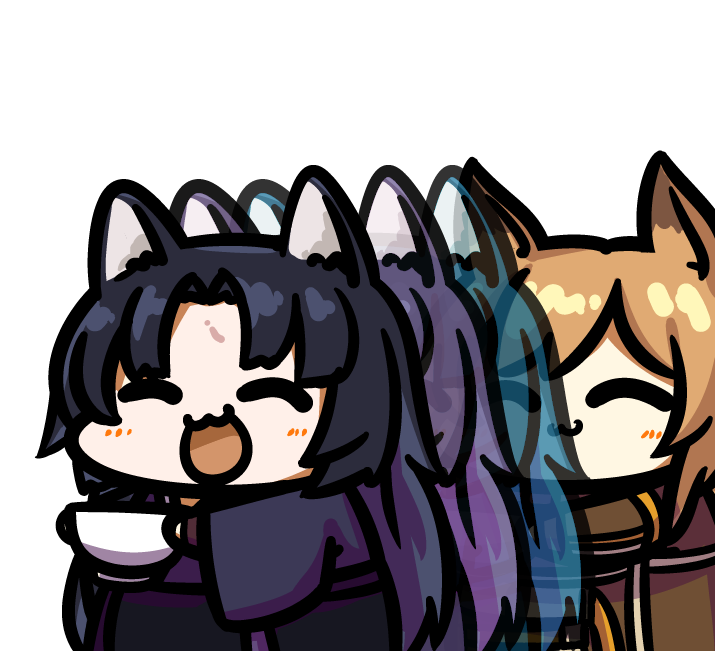 Safebooru - 2girls :3 afterimage animal ears arknights black hair black kimono bowl brown hair ...