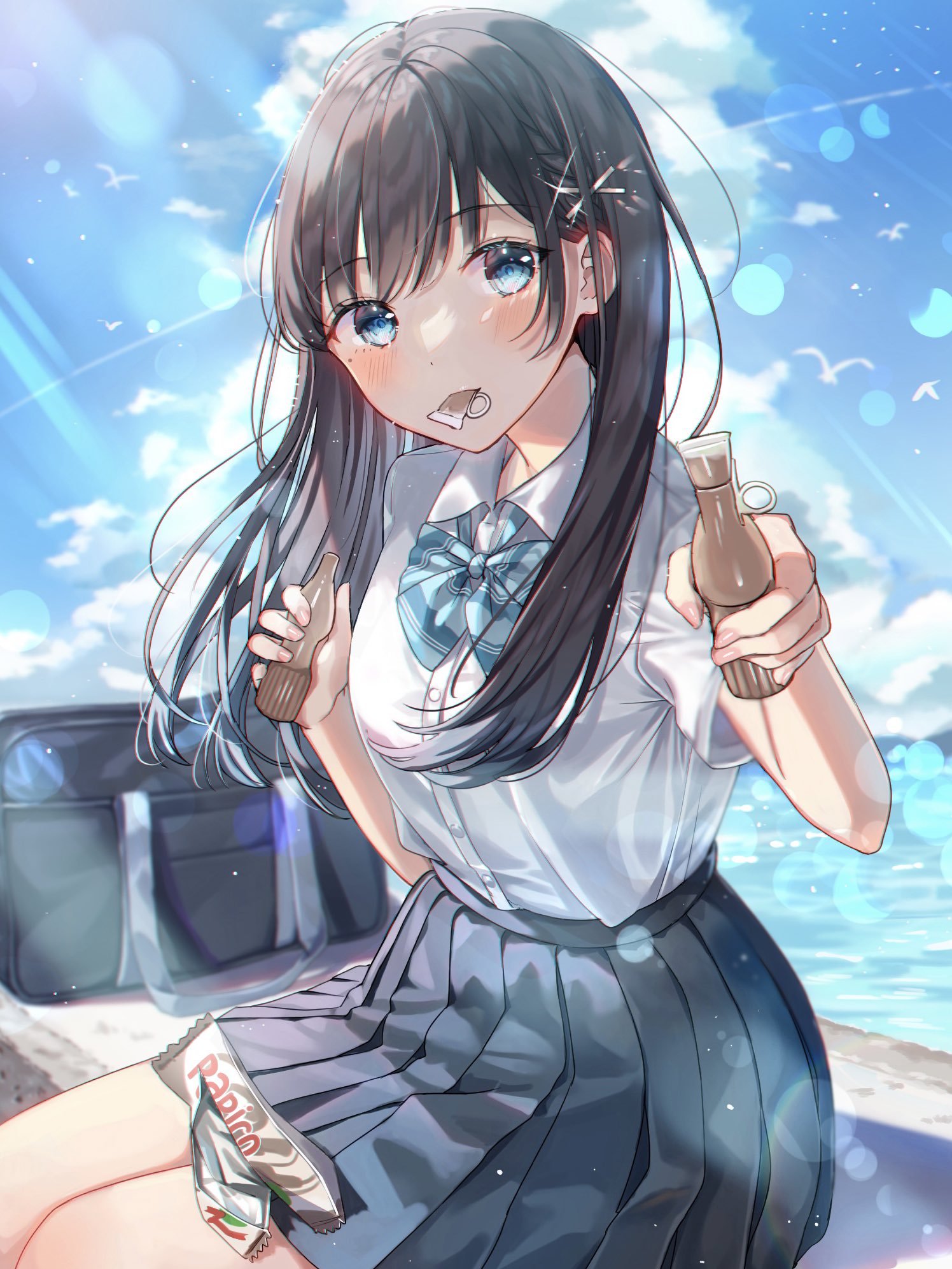 Safebooru - 1girl bag bangs bird black hair black skirt blue eyes blue neckwear blue sky bottle ...