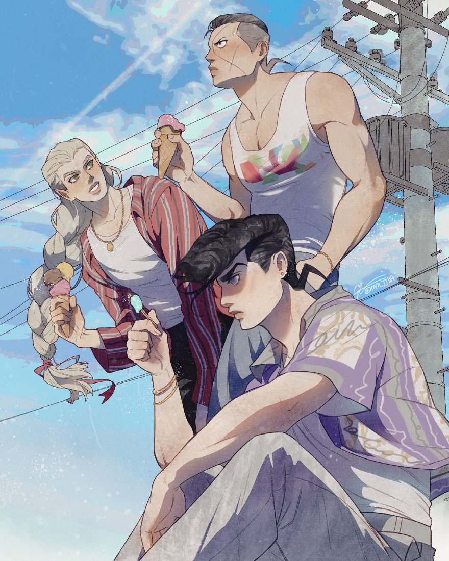 Safebooru - 3boys black hair braid clouds diamond wa kudakenai food ...