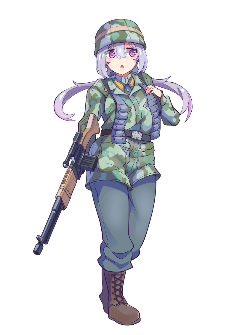 Safebooru - 1girl :o ammunition pouch bangs battle rifle blue pants ...