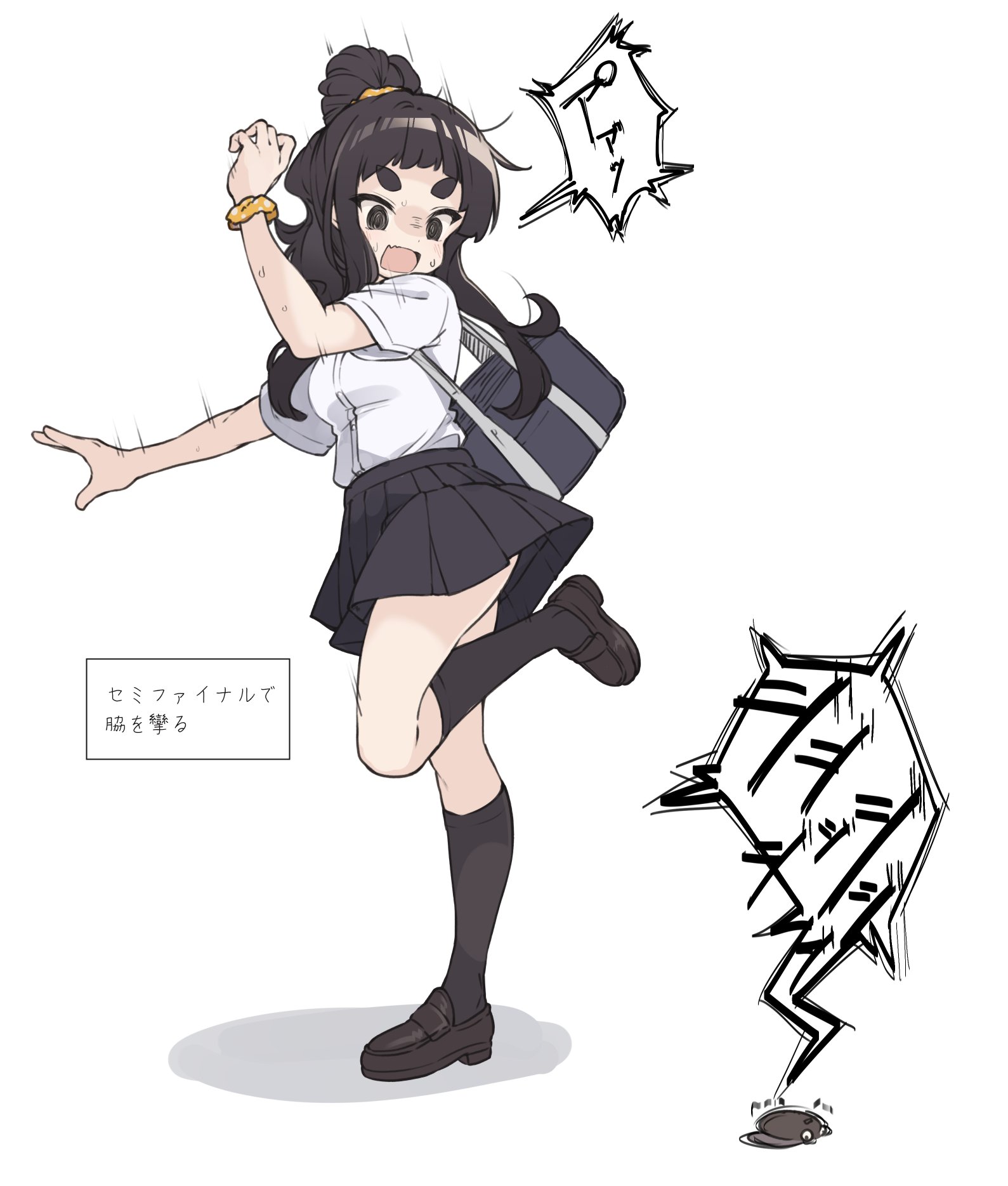 Safebooru - 1girl animal arm up bag black footwear black hair black ...