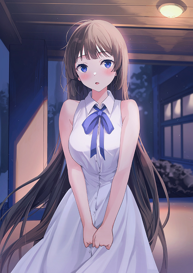 Safebooru - 1girl bangs blue eyes blue neckwear blue ribbon blunt bangs blush breasts brown hair ...