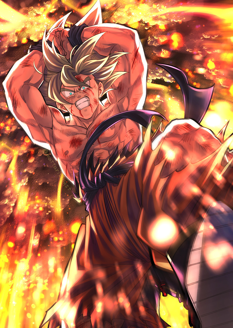 Safebooru - 1boy angry arms up battle battle damage blonde hair blue ...