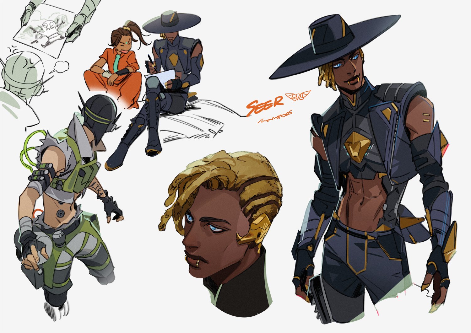 Safebooru - 1girl 2boys apex legends arm tattoo black gloves black headwear blonde hair blue ...