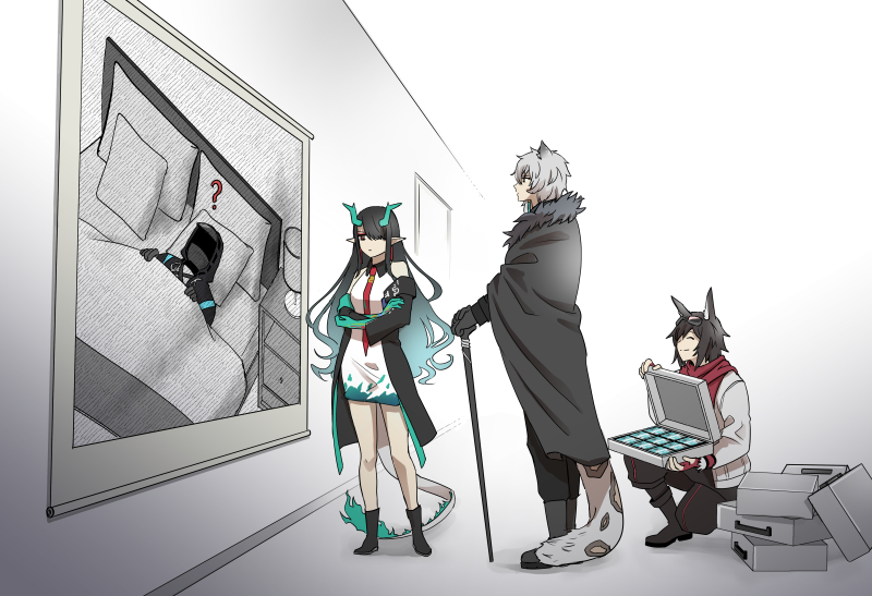 Safebooru - 1girl 2boys ? ^ ^ arknights bare shoulders black cape black coat black footwear ...