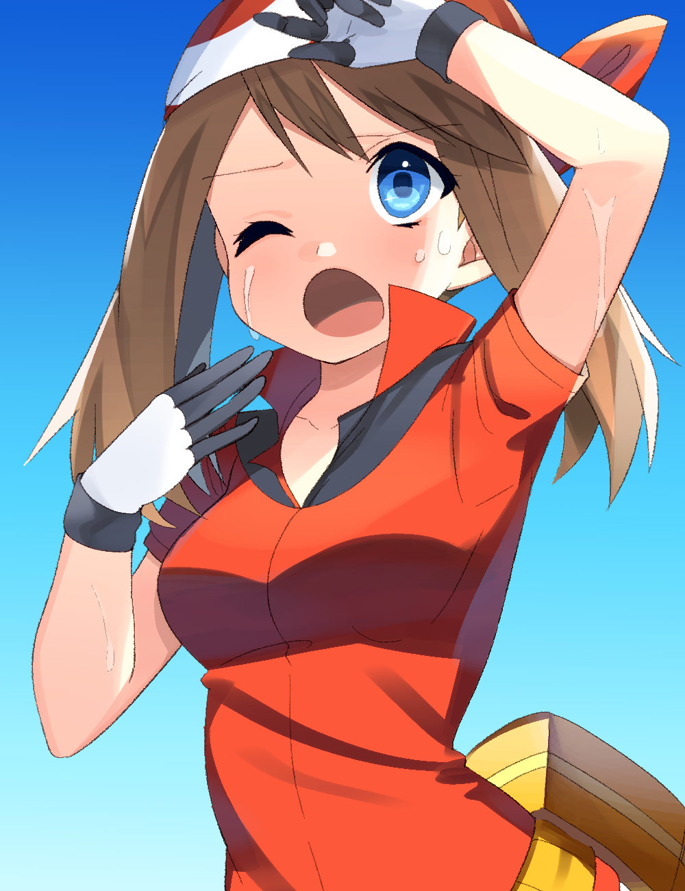 Safebooru - 1girl aliasing arm up blue background blue eyes blue sky breasts brown hair ...