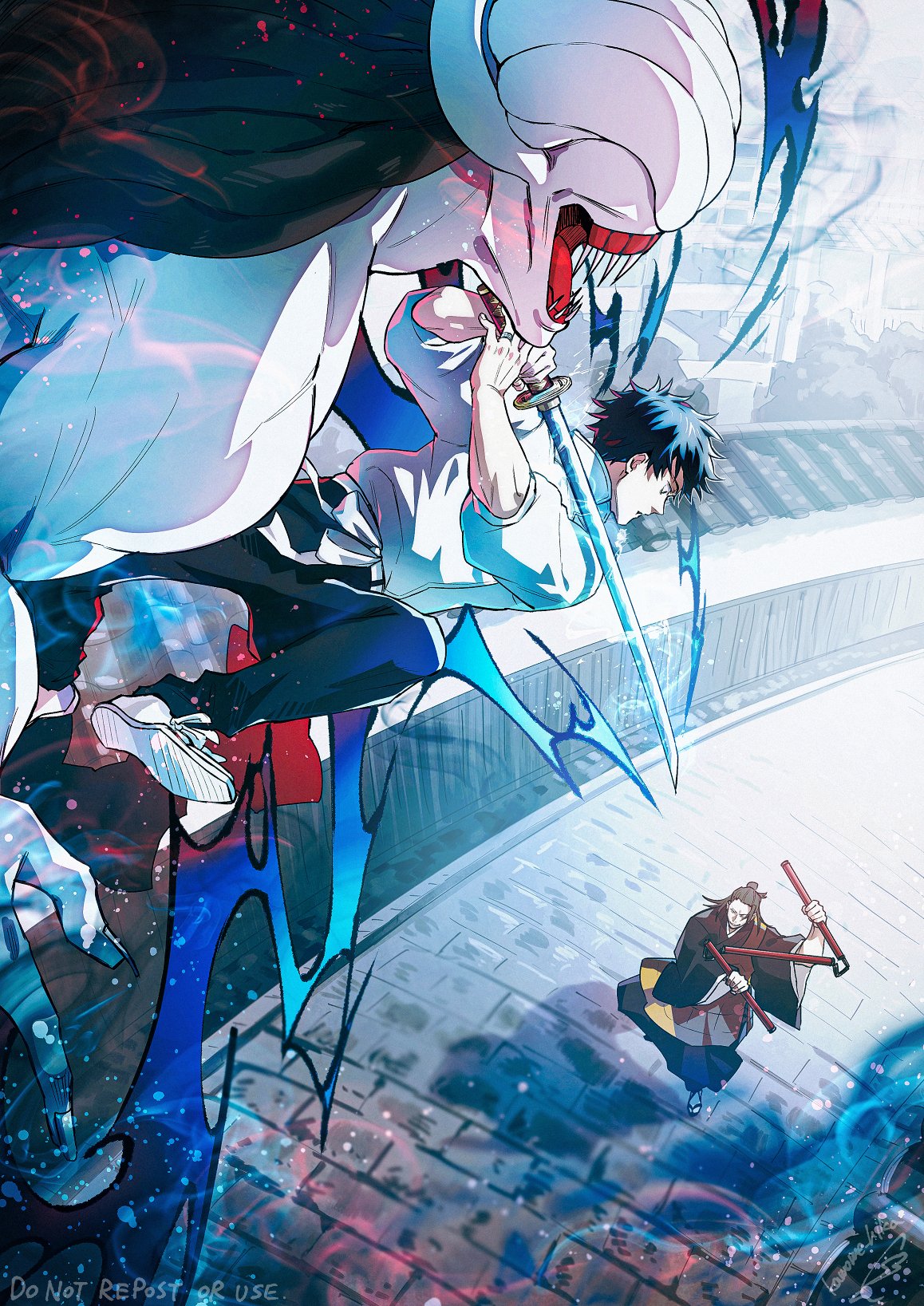 Safebooru - 2boys aura black hair black kimono black pants fighting ...