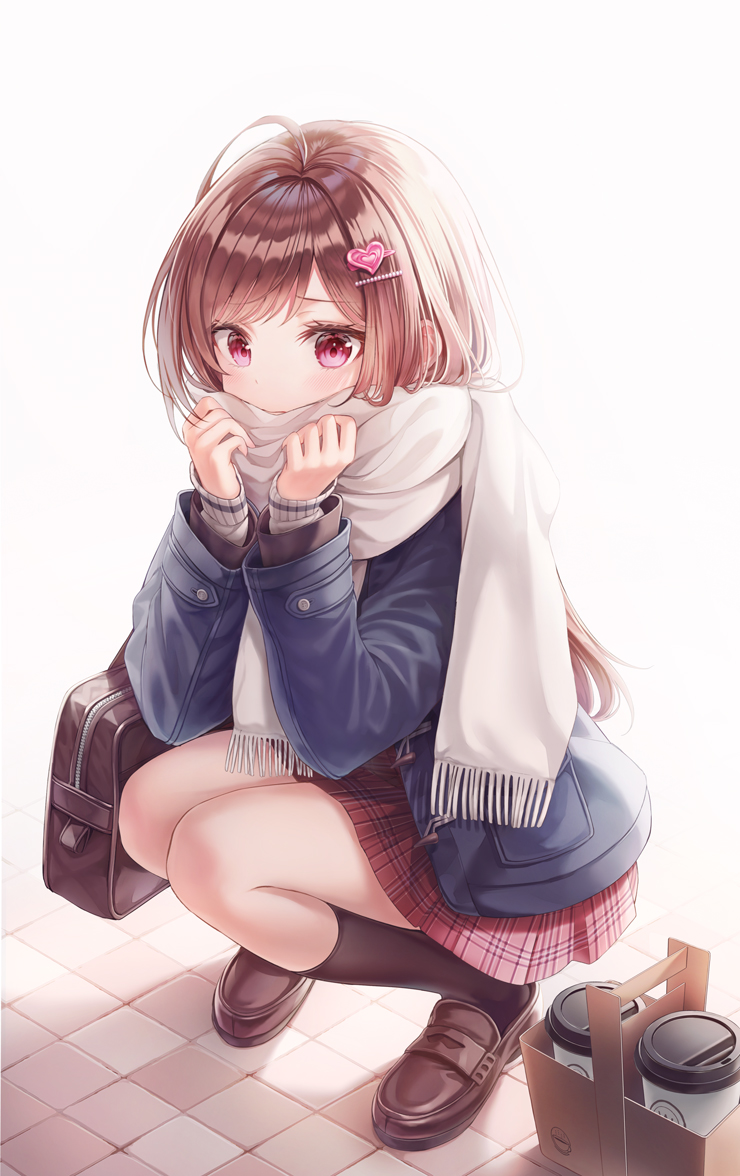 Safebooru - 0v0 (l seohui) 1girl ahoge bag black legwear blue coat brown footwear brown hair ...