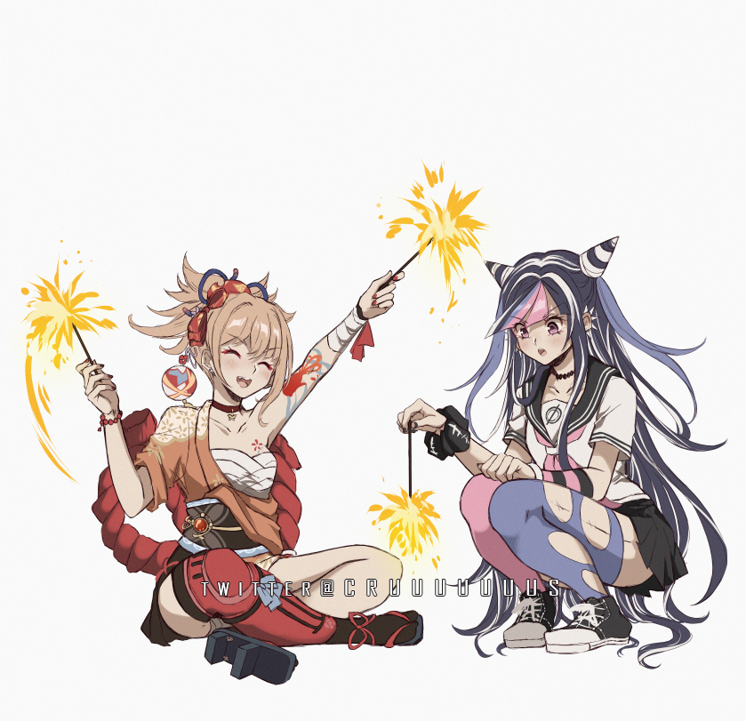 Safebooru - 2girls :d arm up bangs black choker black footwear black ...