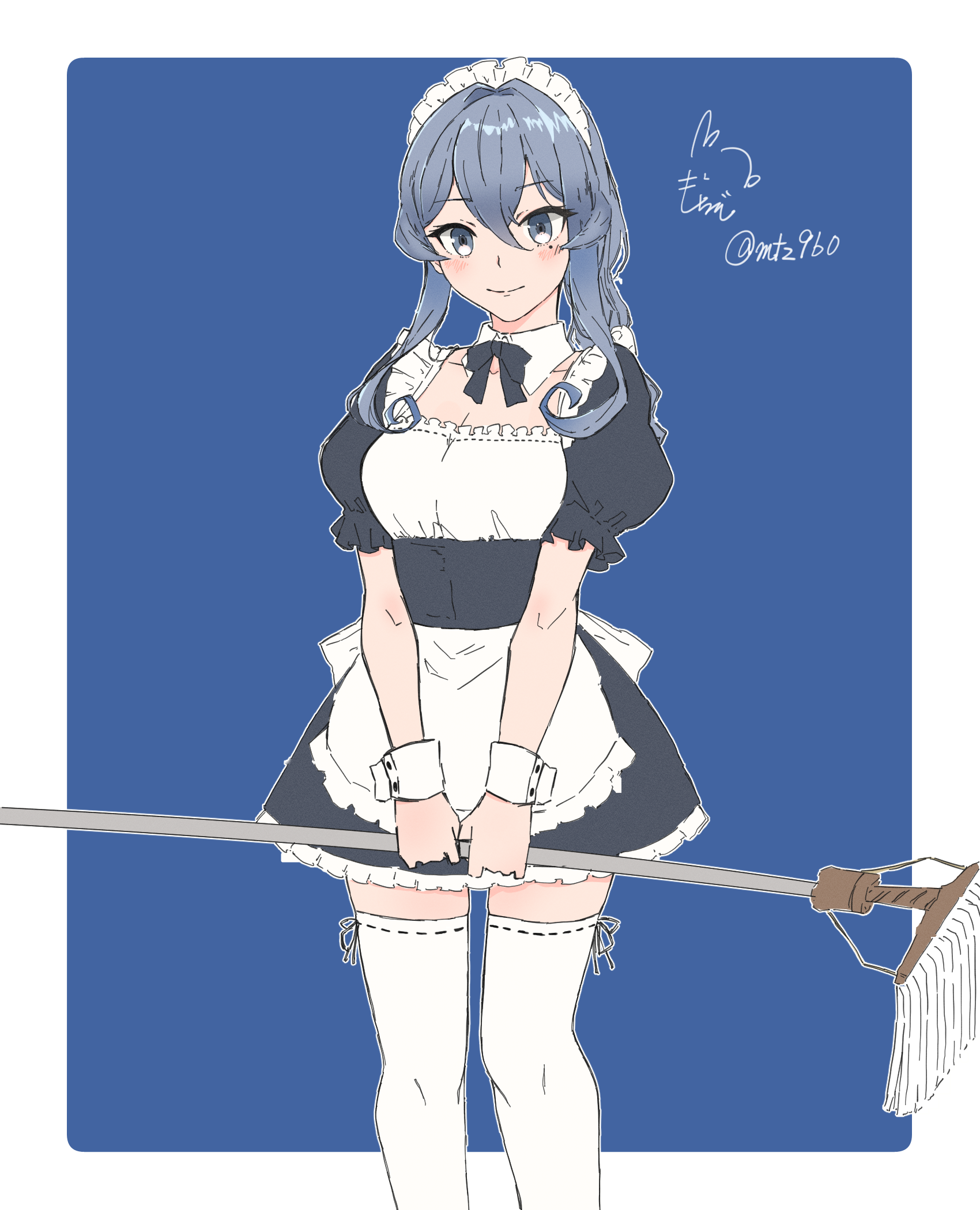 Safebooru - 1girl alternate costume apron black dress blue background blue hair border breasts ...