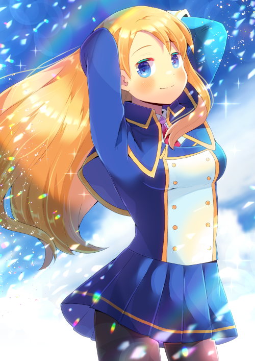 Safebooru - 1girl arms up bangs blonde hair blue capelet blue eyes blue ...