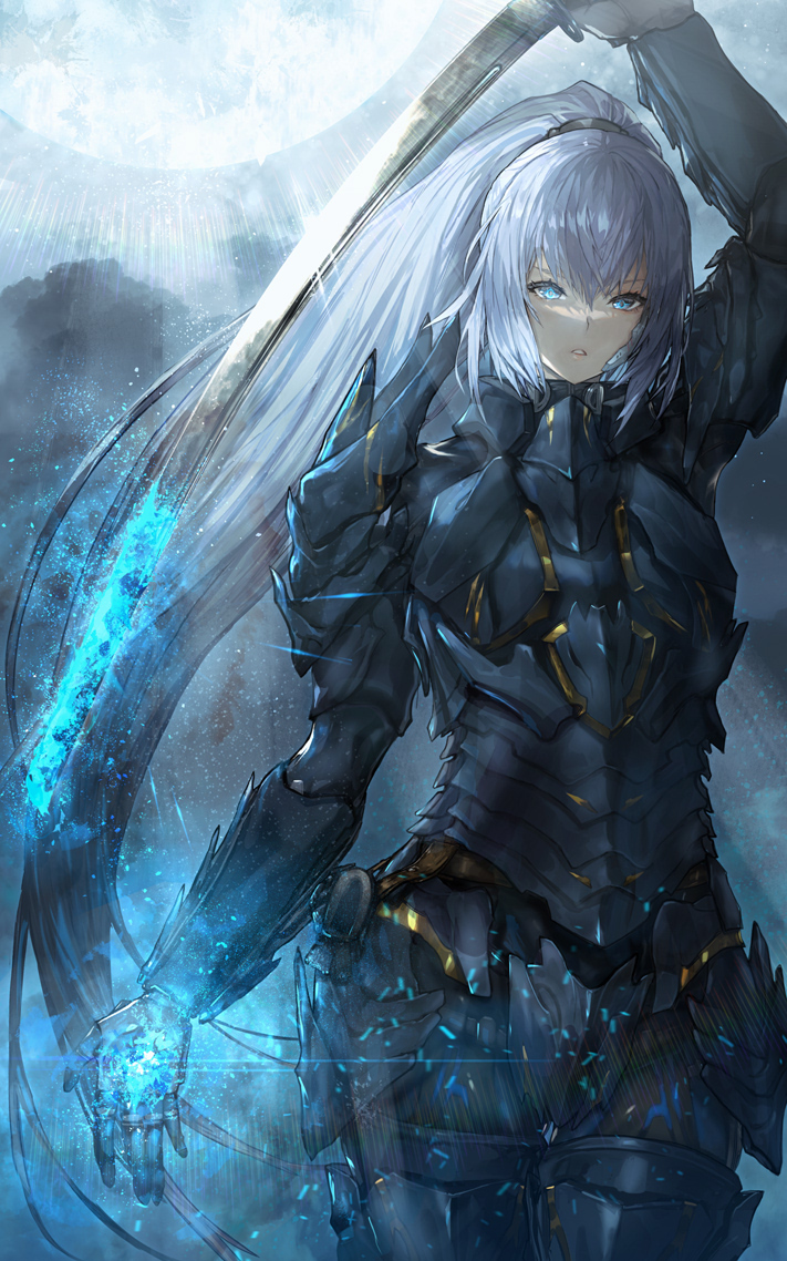 Safebooru - 1girl arm up armor blue eyes blue fire blue hair ...