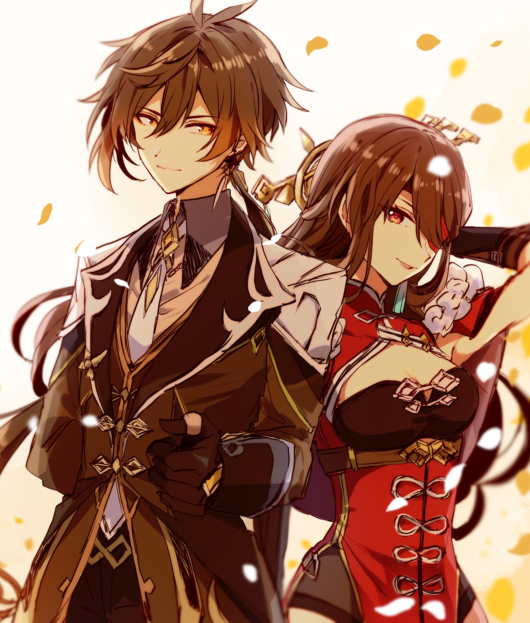 Safebooru - 1boy 1girl absurdres arm up bangs beidou (genshin impact) black gloves black hair ...