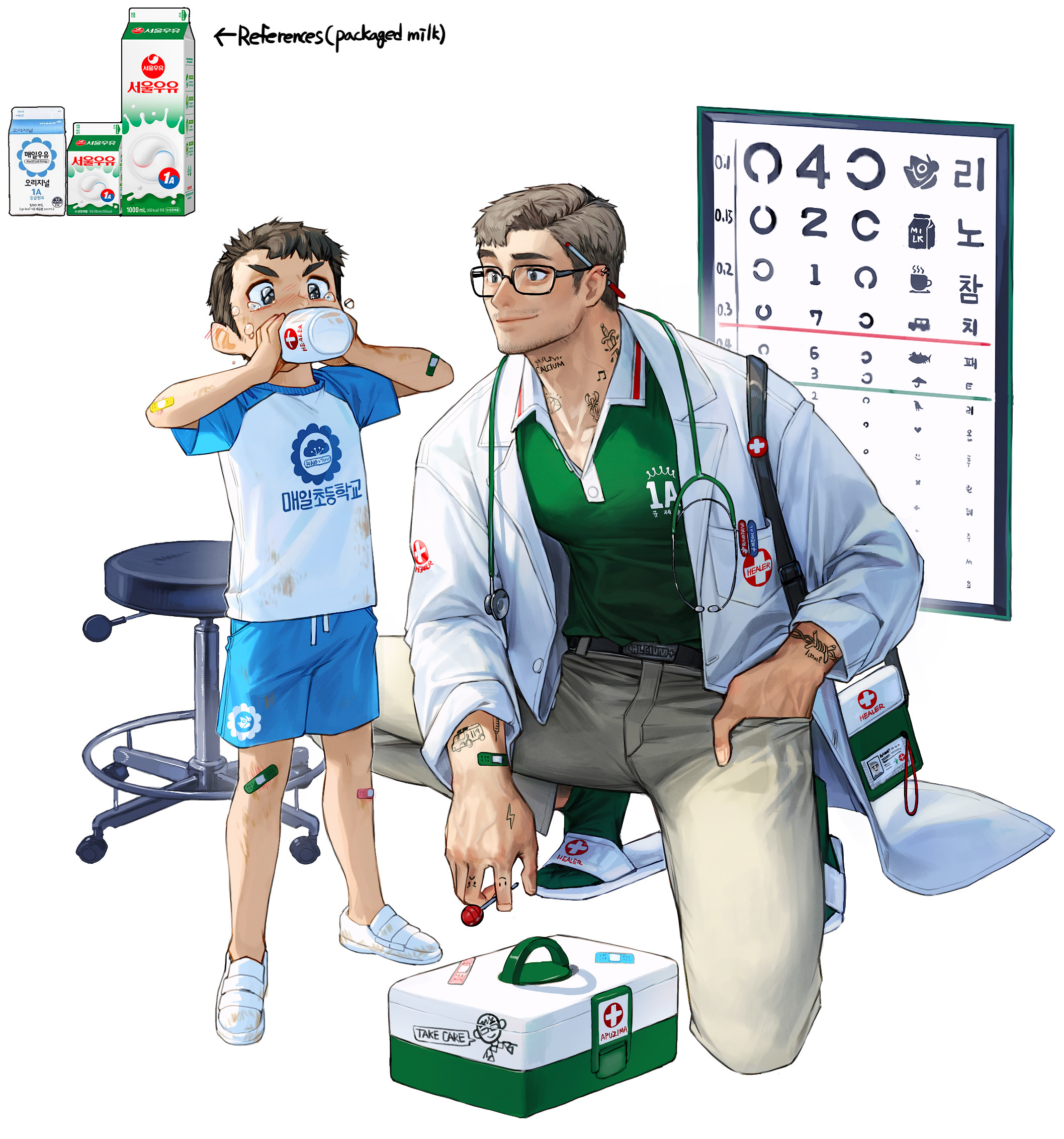 Safebooru - 2boys age difference bag bandaid bandaid on leg black-framed eyewear black hair ...