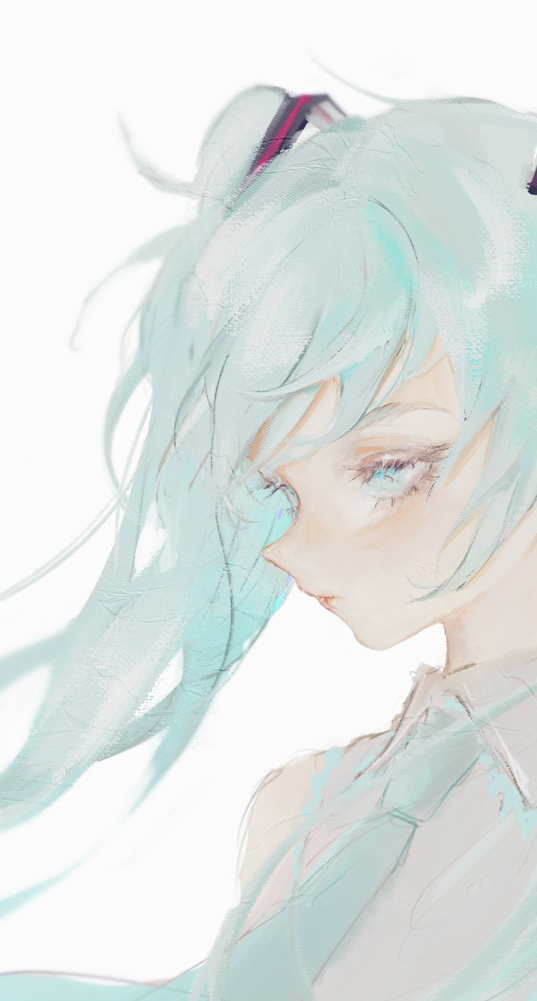 Safebooru - 1girl aqua eyes aqua hair bangs bare shoulders blush closed mouth eyebrows visible ...