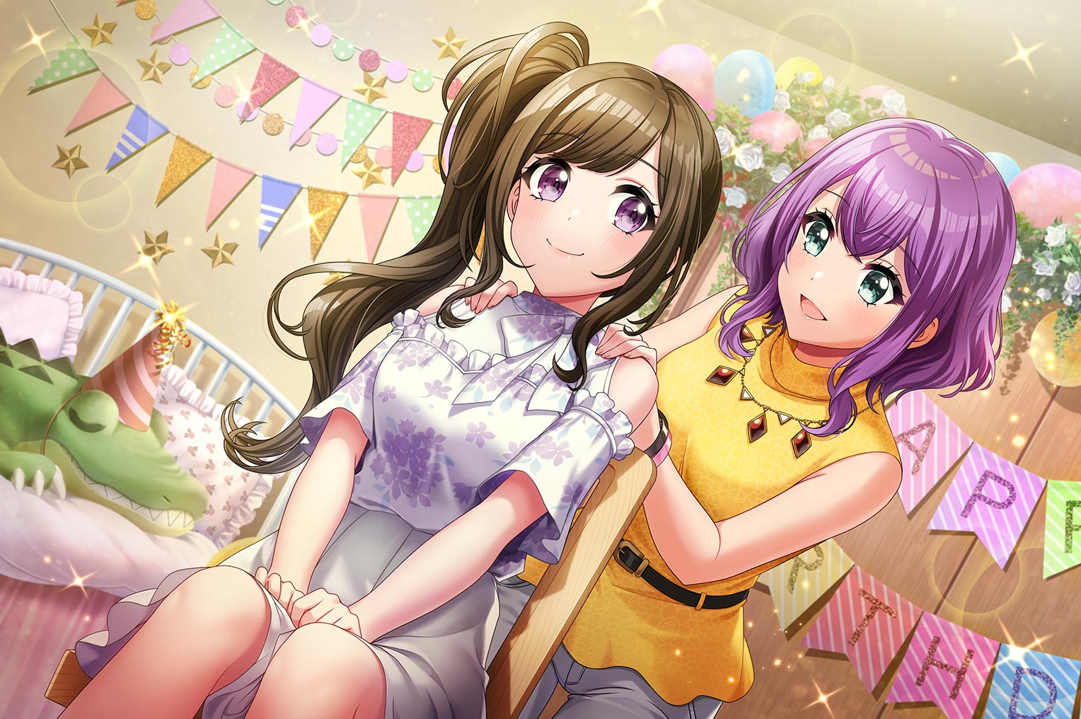 Safebooru - blush brown hair d4dj dress long hair mizushima marika side ponytail smile violet ...