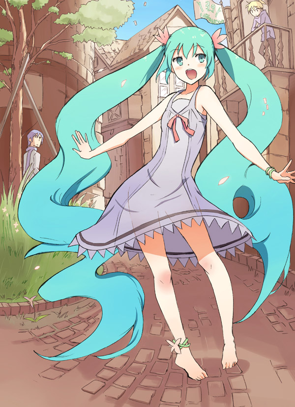 Safebooru - 1girl 2boys aqua eyes aqua hair barefoot blush dress feet ...