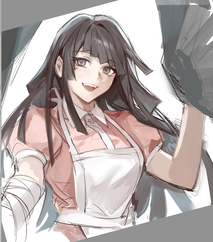 Safebooru - 1girl :d apron bandaged arm bandages bangs black hair brown eyes dangan ronpa ...