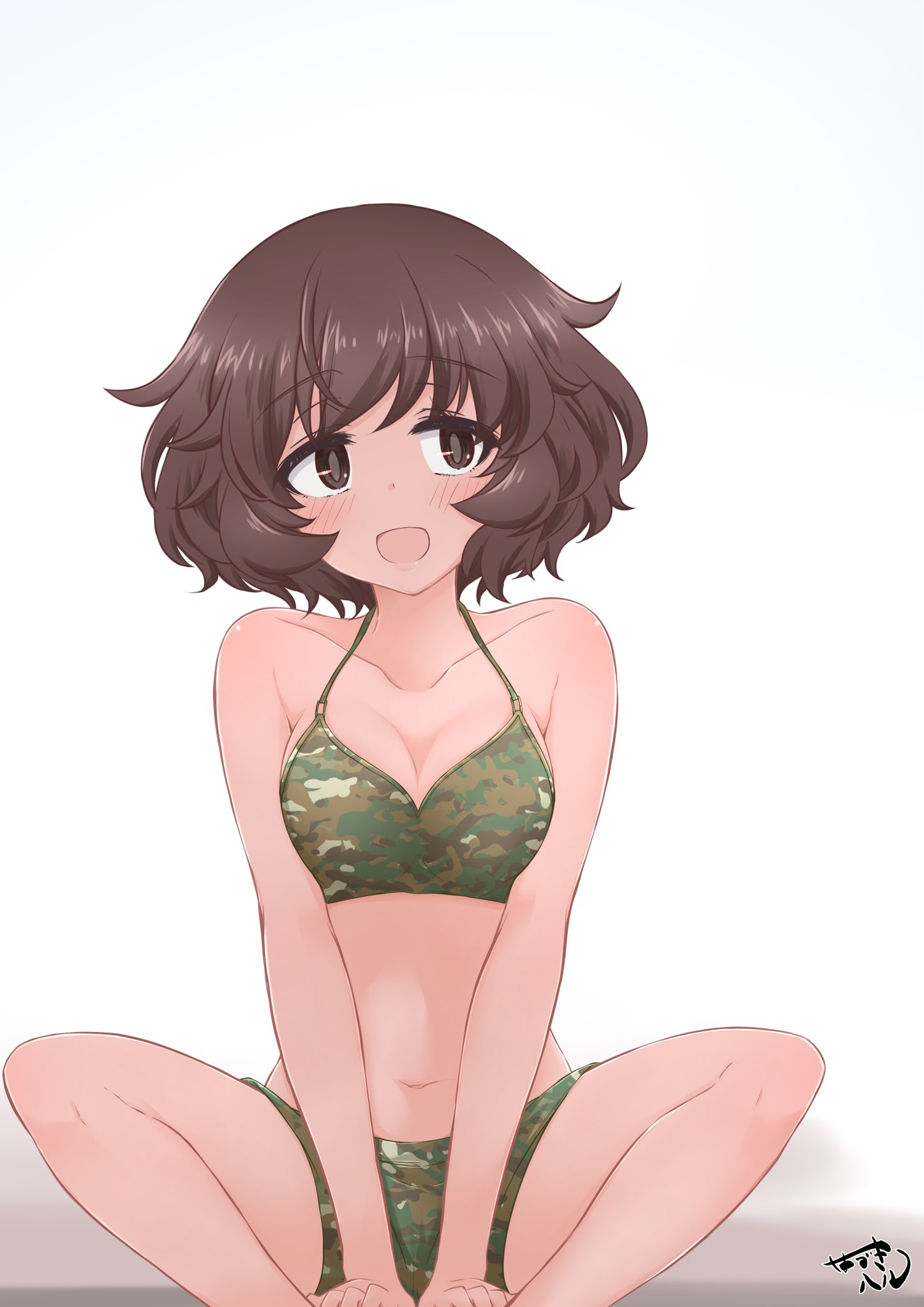 Safebooru - 1girl akiyama yukari bikini blush breasts brown eyes brown hair camouflage ...
