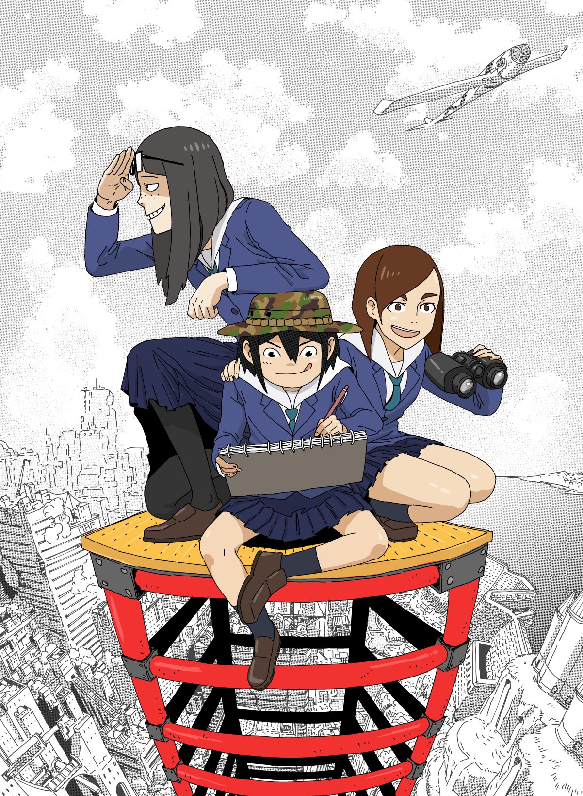 Safebooru - 3girls :> :d :q aircraft airplane asakusa midori binoculars black eyes black hair ...