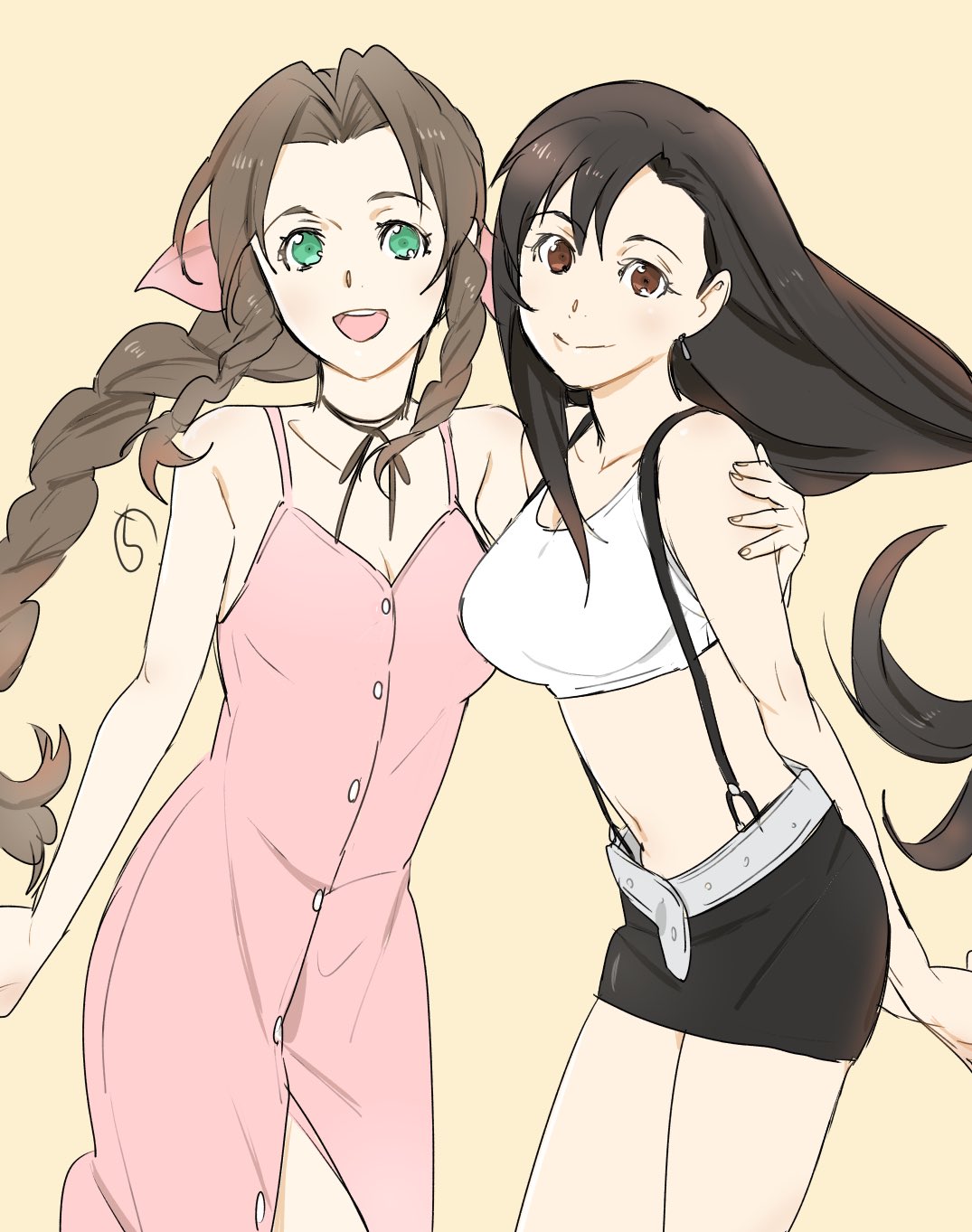 Safebooru - 2girls aerith gainsborough black hair bow braid breasts brown eyes brown hair closed ...