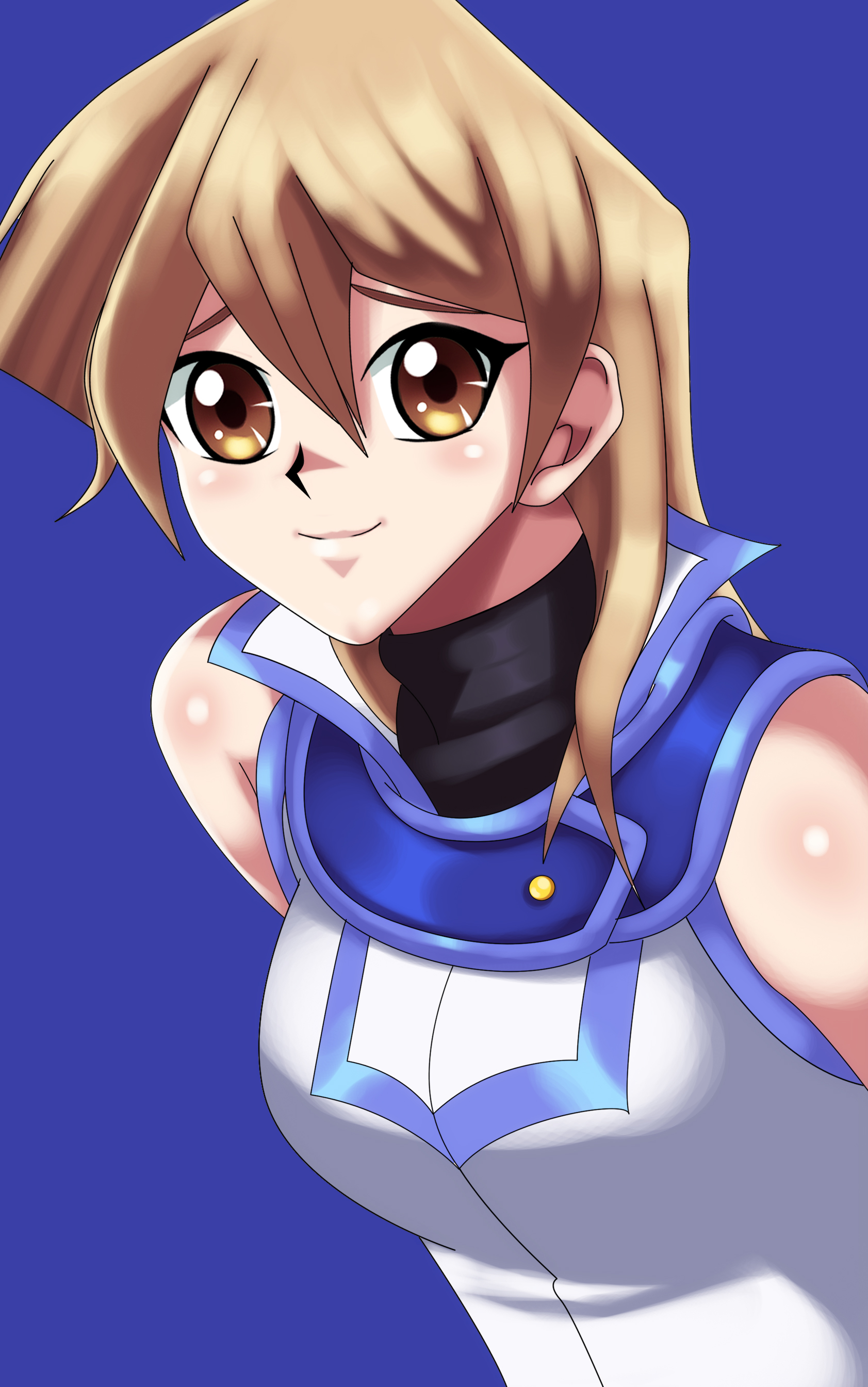 Safebooru - 1girl arms behind back blonde hair blue background blush ...