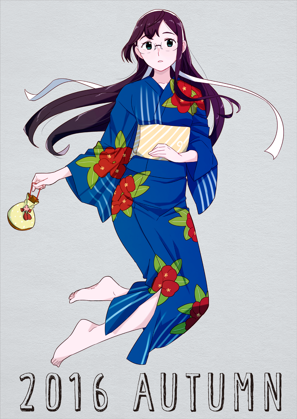 Safebooru - 1girl 2016 bag bangs barefoot black hair blue eyes blue kimono floral print glasses ...