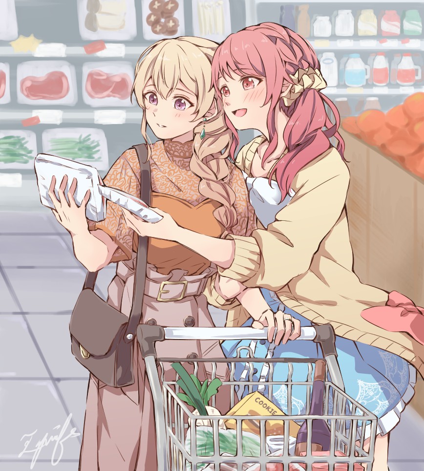 Safebooru - 2girls aiiro bokujuu arm hug bag bang dream! blonde hair blouse blue dress blush ...