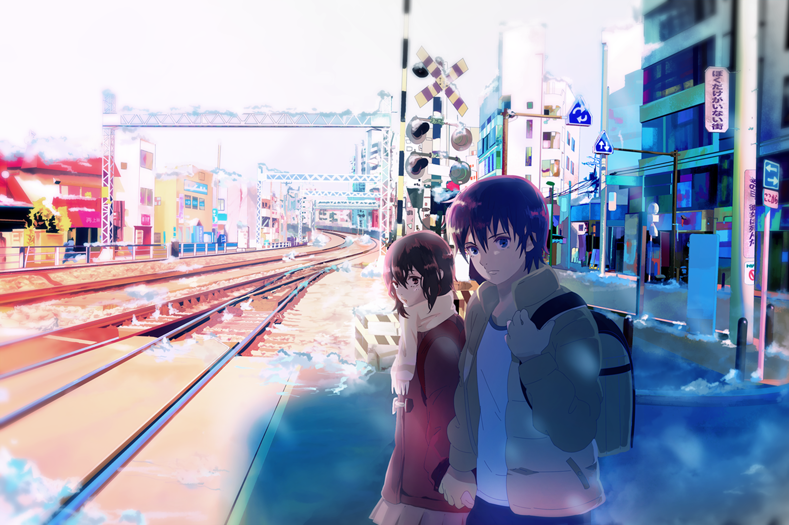 Safebooru - 1boy 1girl backpack bag bangs black hair blue eyes boku dake ga inai machi bollard ...