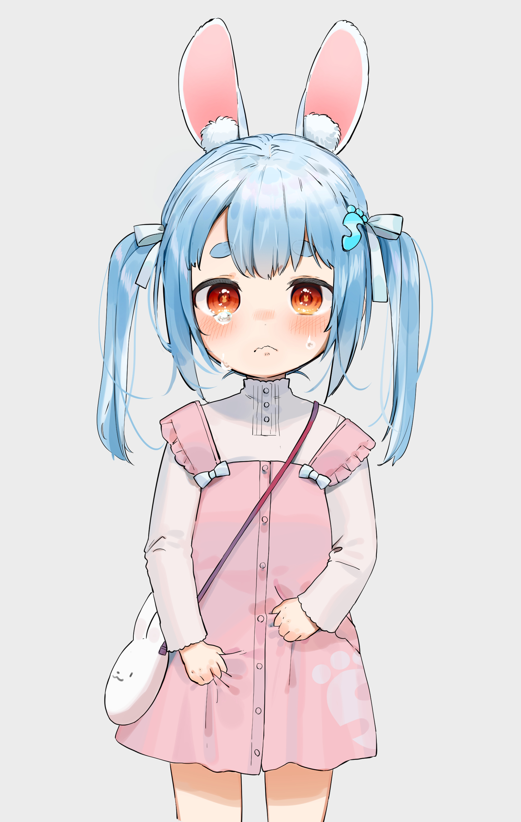 Safebooru - 1girl absurdres animal ears bag bangs blue hair blush dress frown gotoh510 grey ...