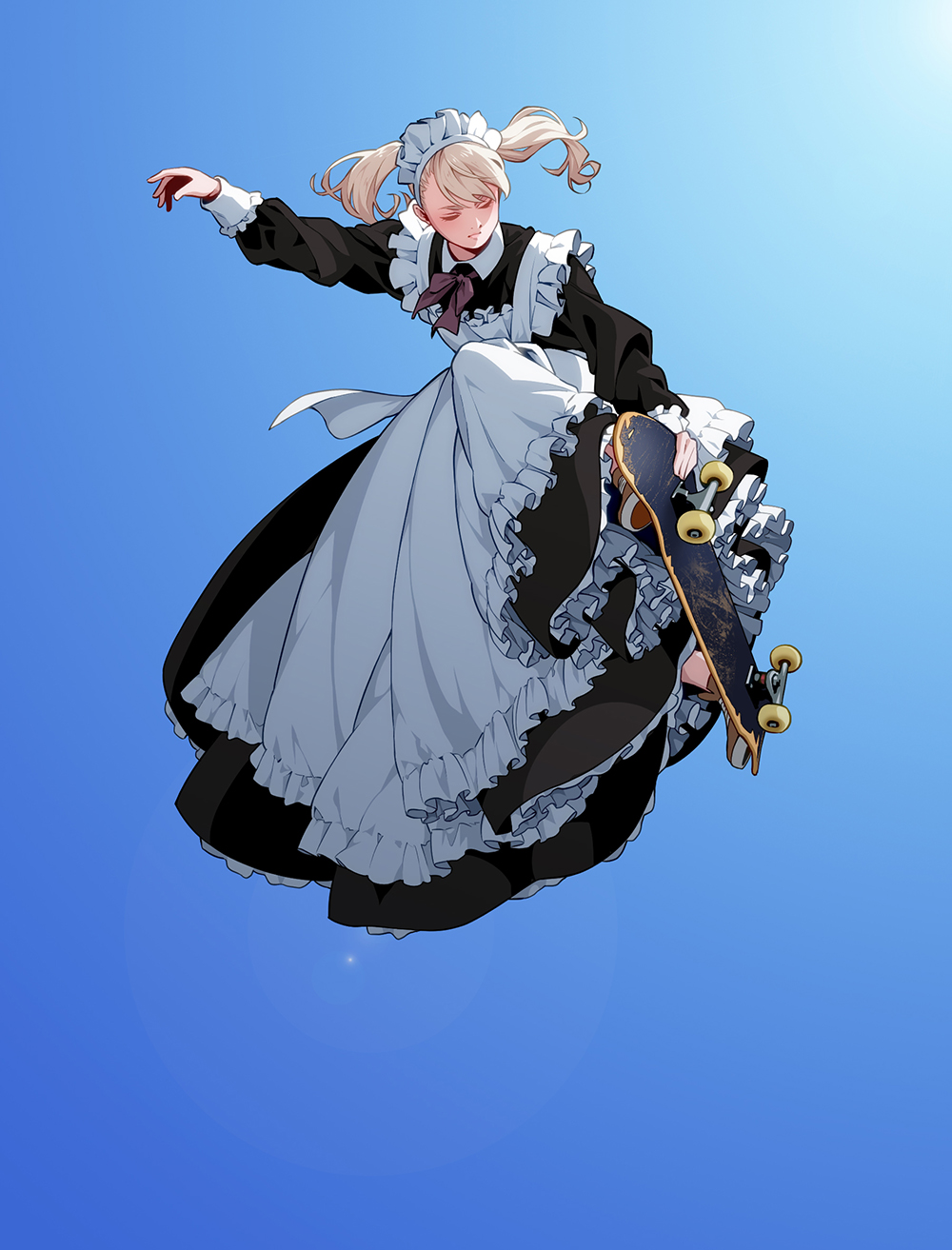 Safebooru - 1girl apron blonde hair blue sky bow closed eyes highres ...