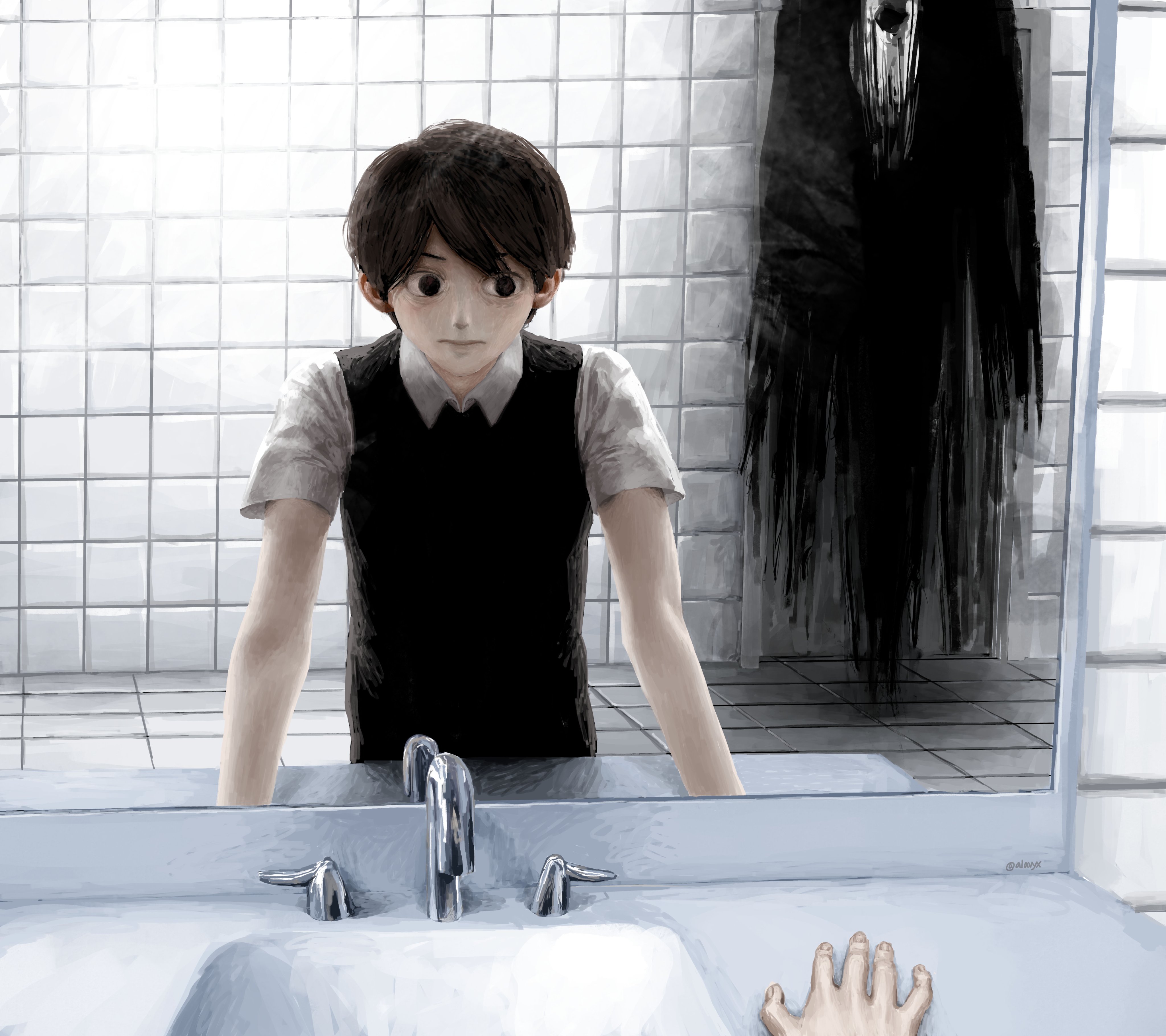 Safebooru - 1boy absurdres alavyx bathroom black eyes black hair colored skin highres mirror ...