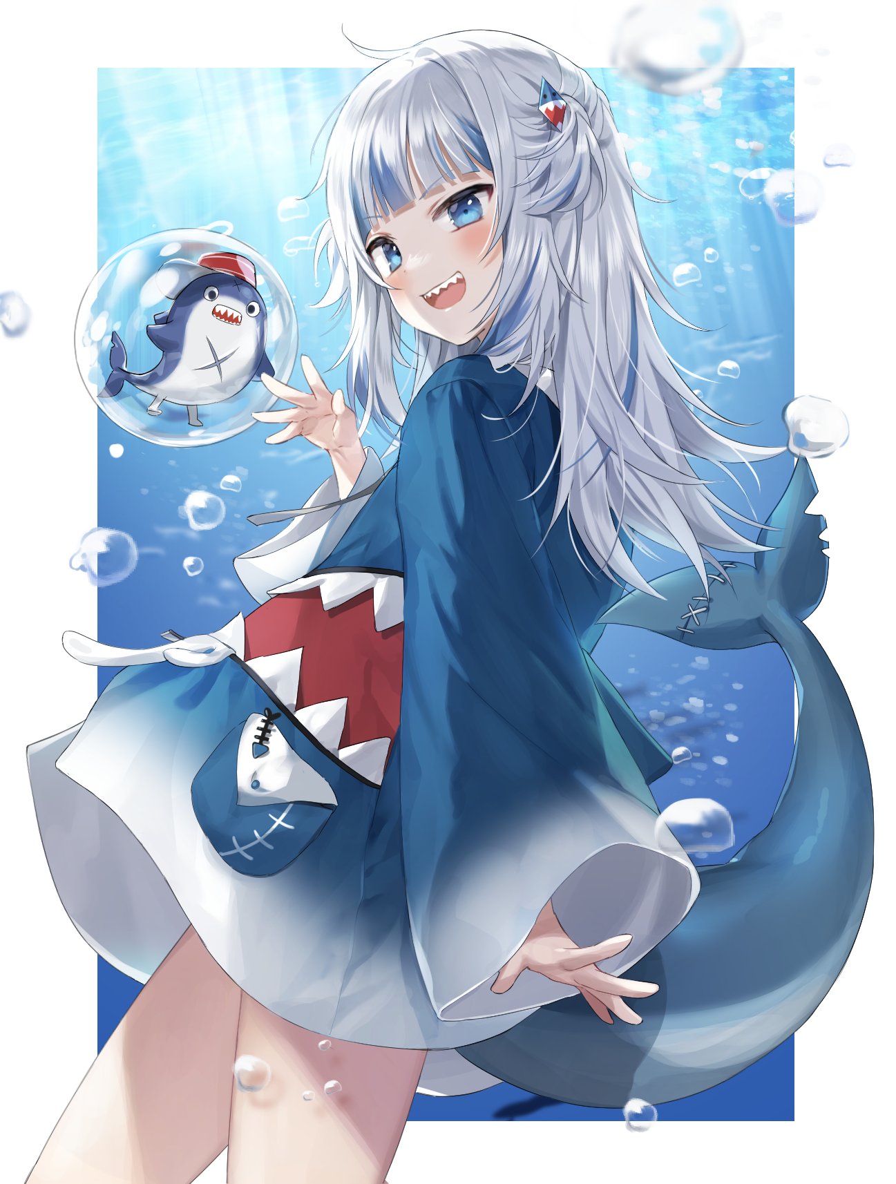 Safebooru - 1girl :d bangs bloop (gawr gura) blue eyes blue hair blue hoodie blunt bangs blush ...