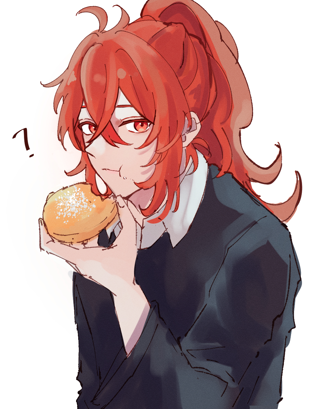 Safebooru - 1boy ? bangs bite mark black sweater chewing collared shirt ...