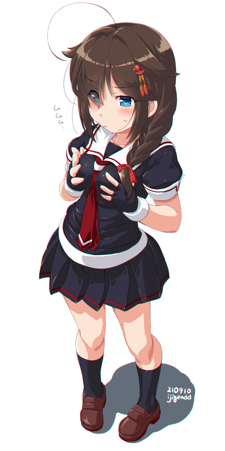 Safebooru - 1girl ahoge black gloves black legwear black serafuku black skirt blue eyes blush ...